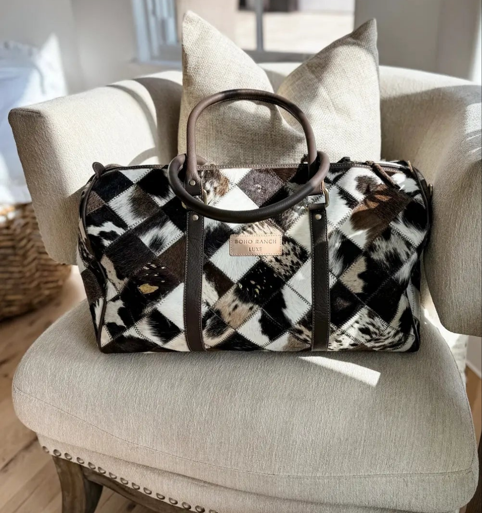 Boho Luxe Duffle Weekender Leather Hairon Cowhide Travel Bag – Ivory ...